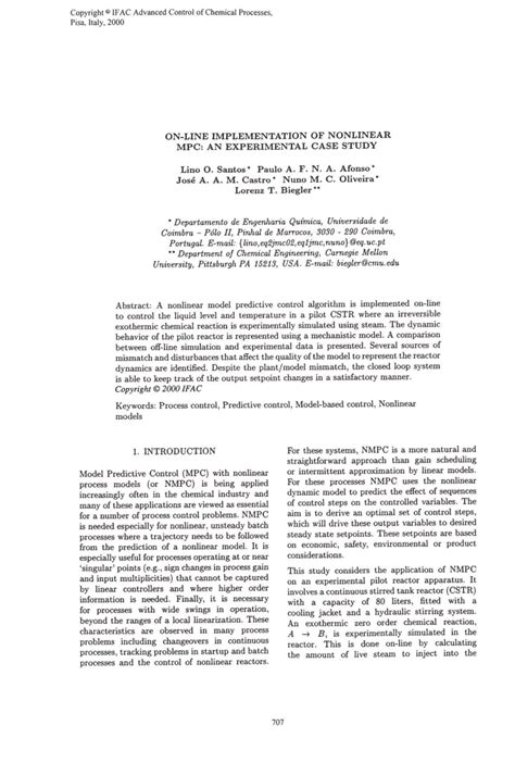 PDF On Line Implementation Of Nonlinear MPC An Experimental Case Study