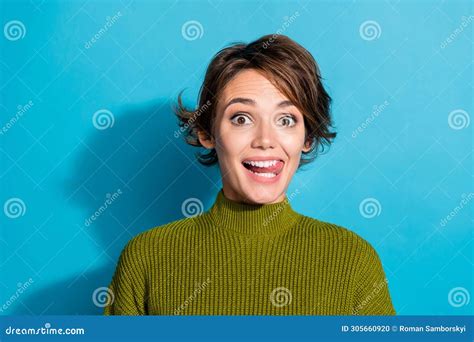 Photo Of Excited Lovely Adorable Girl Wear Stylish Khaki Clothes Tongue Lick Healthy Teeth