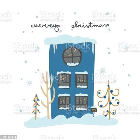 메리 크리스마스 새해 새해 손으로 그린 벡터 일러스트 레이션 화환 크리스마스 나무 눈송이와 겨울 아늑한 집 글자를 쓴 엽서 12월 25일 12월에 대한 스톡 벡터 아트 및