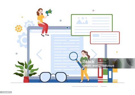 디지털 출판 콘텐츠 블로그 마케팅 소셜 미디어 또는 웹 페이지 조직을위한 글쓰기 템플릿 손으로 그린 만화 플랫 일러스트 레이 션 개발에 대한 스톡 벡터 아트 및 기타 이미지