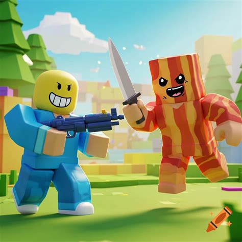 A Blocky Bacon Character Stands Next To A Large Red Button On A Green