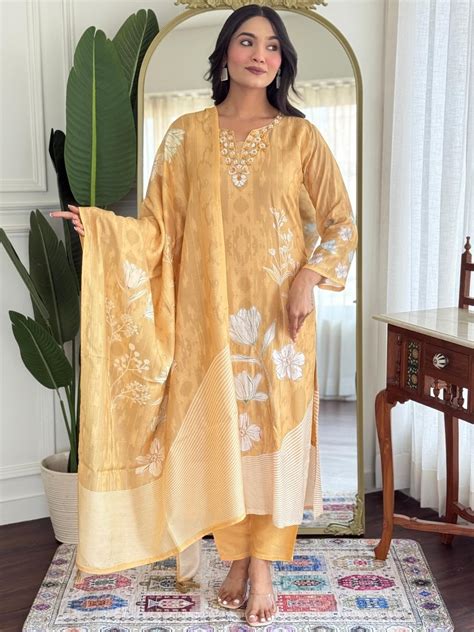 Buy Yellow Embroidered Straight Kurta With Santoon Pant And Muslin