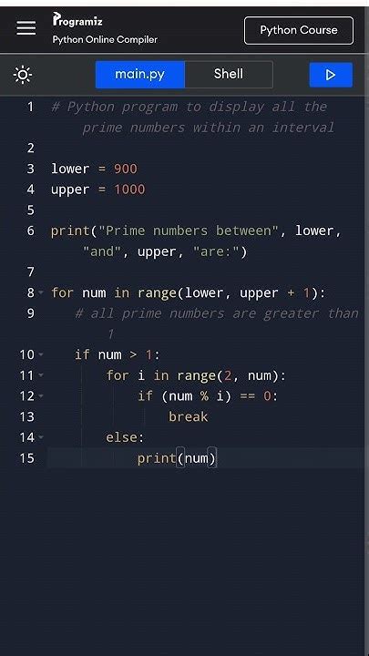 Python Program To Print All Prime Number In An Interval Programming Python Code Youtube