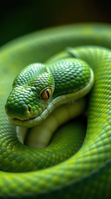 Green Tree Python Resting Among Lush Foliage In A Tropical Environment