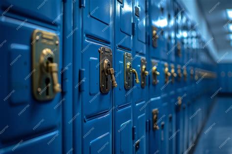 A row of blue school lockers with brass locks creating an atmosphere reminiscent of high school ...