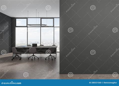 серый конференц зал внутри с столом и окном для собраний макет стены Иллюстрация штока