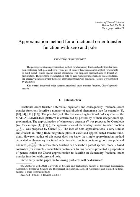 Pdf Approximation Method For A Fractional Order Transfer Function