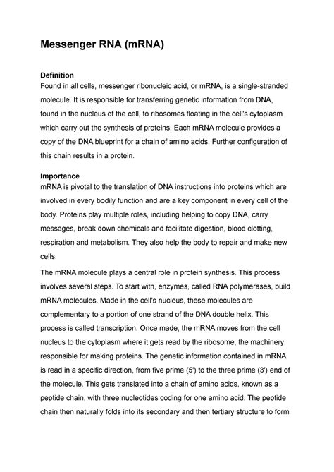 Messenger Rna M Rna Messenger Rna Mrna Definition Found In All Cells Messenger