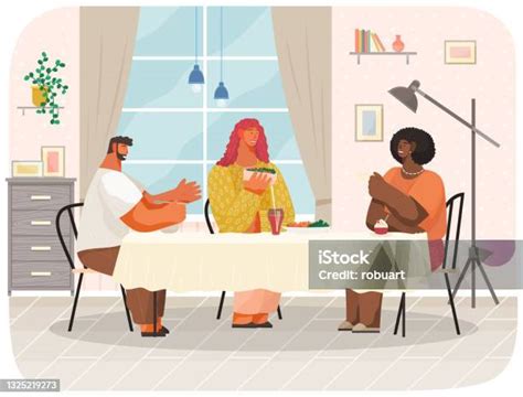 친구들이 카페나 레스토랑에 앉아 케이크를 먹고 커피를 마시며 대화를 나누고 있습니다 가공의 인물에 대한 스톡 벡터 아트 및 기타