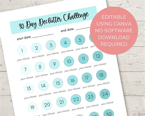 Editable Instant Download Printable 30 Day Declutter Challenge Tracker Template Letter Size
