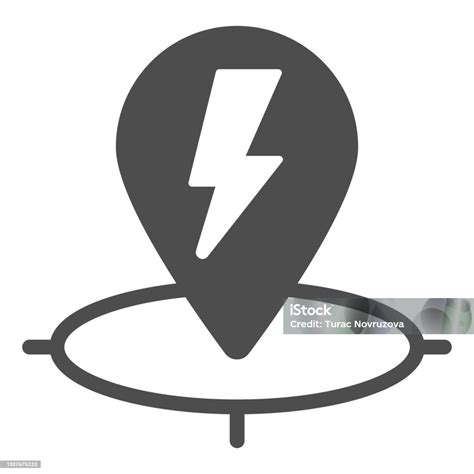 위치 맵 핀과 번개 솔리드 아이콘 전기 자동차 개념 흰색 배경에 포인트 기호를 충전 모바일 및 웹용 글리프 스타일의 번개