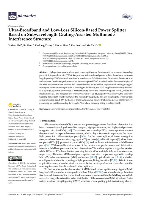 Pdf Ultra Broadband And Low Loss Silicon Based Power Splitter Based On Subwavelength Grating
