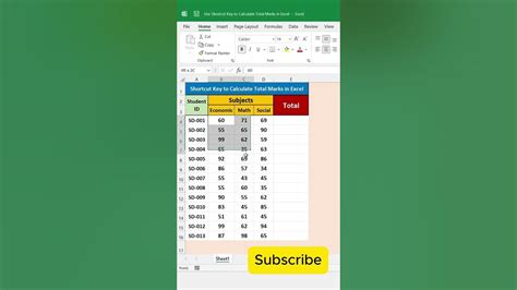 Use Shortcut Key Of Sum Function To Calculate Total Marks In Excel