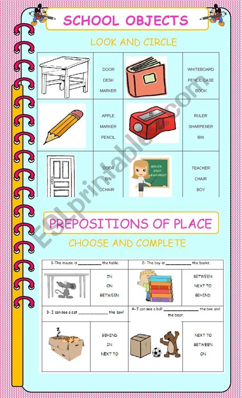 School Objects And Prepositions Of Place Esl Worksheet By Mercedesl