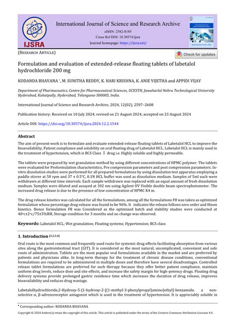 Pdf Formulation And Evaluation Of Extended Release Floating Tablets