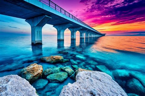 A Long Exposure Shot Of A Bridge Over The Ocean At Sunset Stock Image Image Of Sunrise Filled