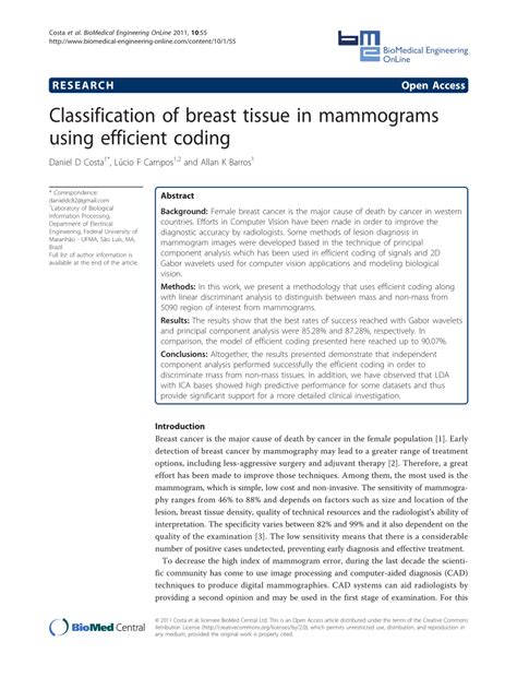 Pdf Classification Of Breast Tissue In Mammograms Using Efficient Coding