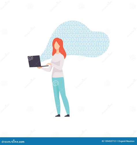 Female Programmer Character Coding On Laptop Computer Vector