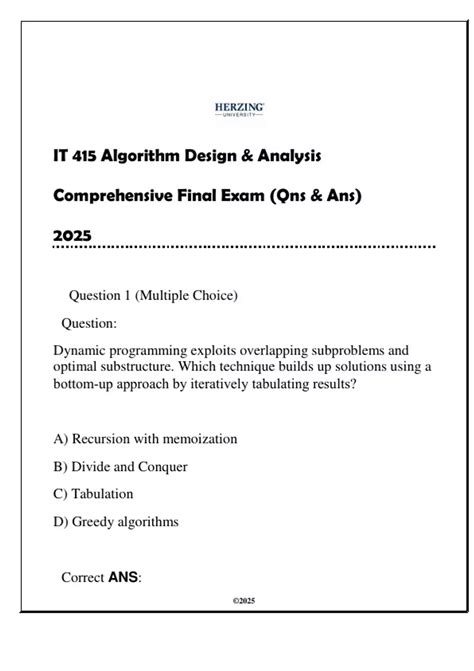 It 415 Algorithm Design And Analysis Comprehensive Final Exam 2025 With