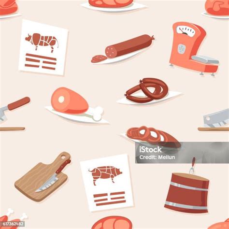 정육점 원활한 패턴 고기 복고풍 빈티지 만화 배경 디자인 가금류에 대한 스톡 벡터 아트 및 기타 이미지 가금류 거친 고기