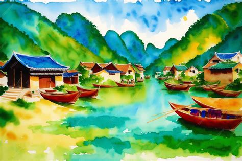 Premium Photo A Chinese Village Watercolor Painting Of A Tranquil