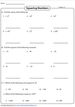 Squaring Numbers Worksheets