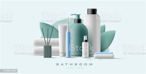 욕실 3d를위한 현대 바디 케어 제품 세트 샴푸 젤 스프레이 비누 치약 및 브러시 아로마 스틱 및 수건 잎 요소 건강한 생활방식에 대한 스톡 벡터 아트 및 기타 이미지