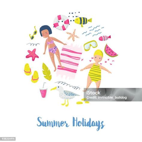 아이 들 물고기와 새 들 유치 한 여름 비치 휴가 카드 장식 인사말 엽서 포스터에 대 한 바다 생물과 귀여운 배경 벡터 일러스트 레이 션 2명에 대한 스톡 벡터 아트 및