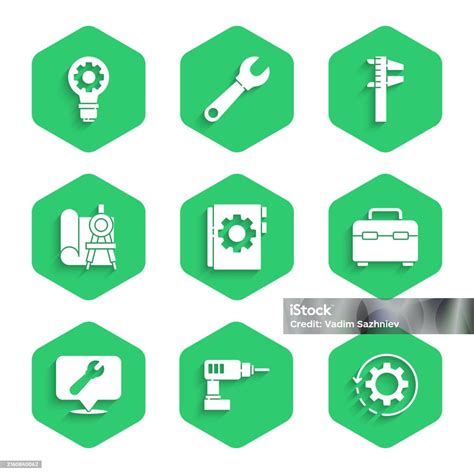 사용자 설명서 전기 드릴 기계 기어 및 화살표를 워크플로로 설정 도구 상자 렌치 스패너를 사용한 위치 그래프 종이 나침반 캘리퍼 캘리퍼 스케일 및 전구 기어 아이콘 벡터