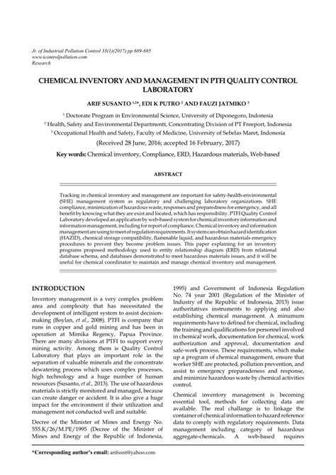 Pdf Chemical Inventory And Management In Ptfi Quality Control Laboratory