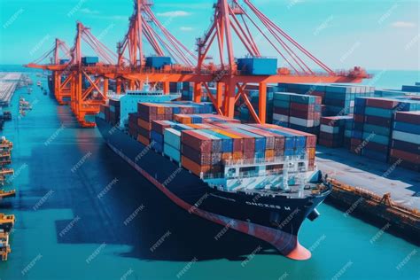 Premium Photo Container Ship At The Berth In Cargo Terminal Of The Port Under Loading Port