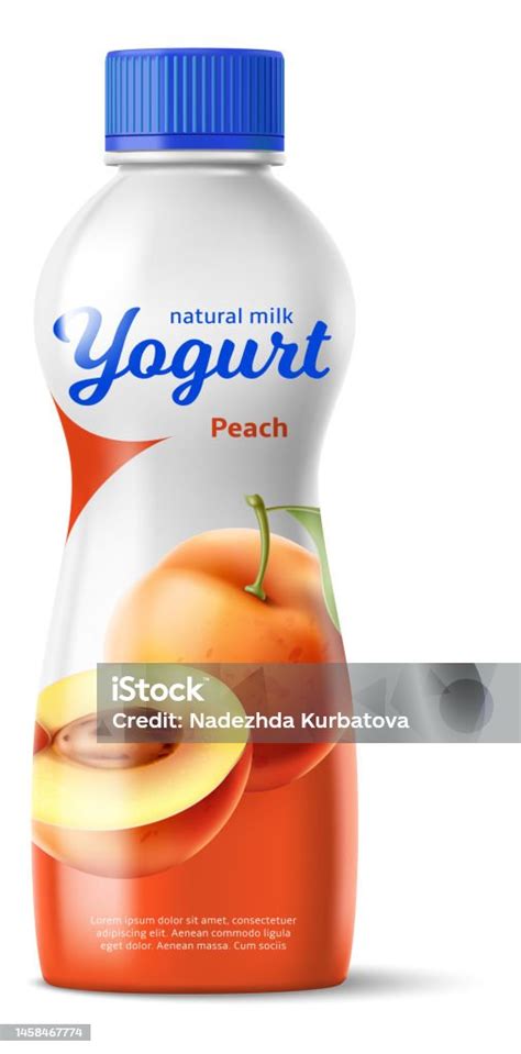현실적인 마시는 요구르트 병 달콤한 유제품 육즙이 많은 복숭아 우유 음료 라벨 디자인 닫힌 식품 용기 액체 크림 플라스틱 패키지