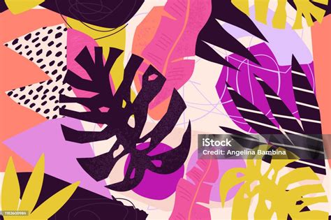 과일 이국적인 식물과 기하학적 모양 원활한 패턴의 다양한 추상 현대 열대 낙원 콜라주 패브릭 디자인에 대한 현대적인 꽃 일러스트 꽃무늬에 대한 스톡 벡터 아트 및 기타