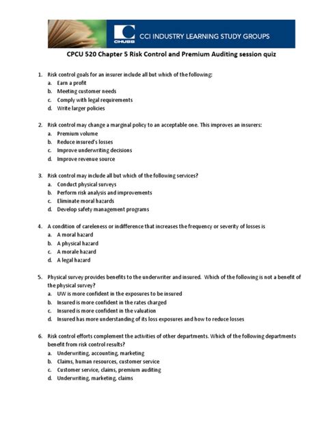 Cpcu 520 Chapter 5 Risk Control And Premium Auditing Session Quiz Pdf