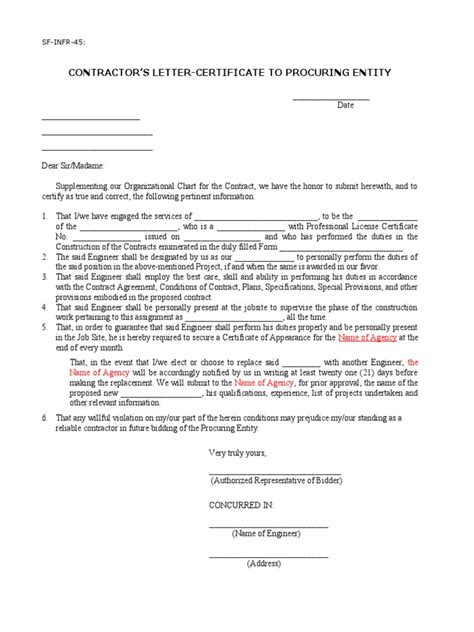 Sf Infr 45 Contractor Letter Certificate To Procuring Entity Pdf