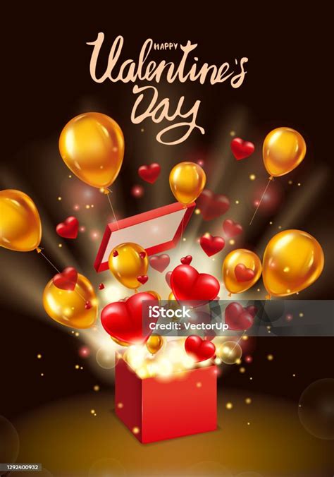 해피 발렌타인 데이 선물 상자 는 비행 마음 발롱 금과 빛의 밝은 광선 폭발 폭발과 함께 선물을 엽니 다 해피 발렌타인 데이 선물 상자 벡터 일러스트 포스터 배너 카드 격리