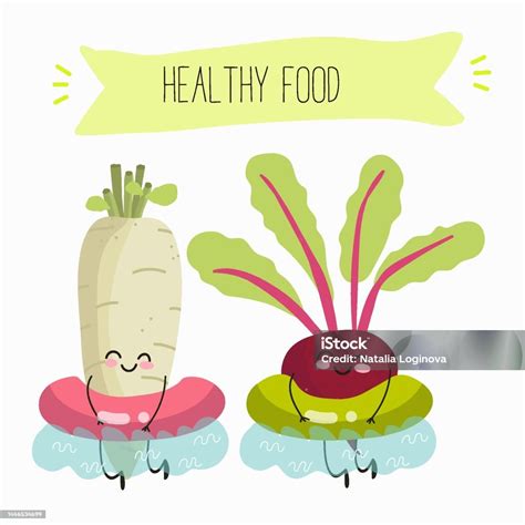 재미있는 만화 캐릭터 비트 뿌리 풍선 원에 무 플로트 건강 식품 주방 재료 아이 티셔츠 디자인의 벡터 일러스트 가을에 대한 스톡