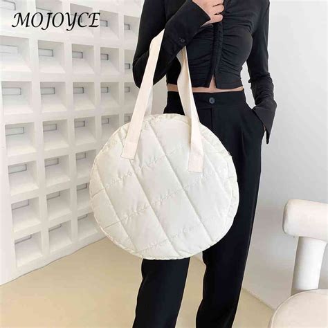 여성용 면 소재 패디드 라운드 탑 핸들 가방 마름모 패턴 원형 지퍼 가을 겨울 AliExpress