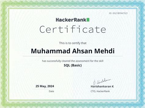 Muhammad Ahsan Mehdi On Linkedin Sql Hackerrank Certificate Mysql Oracle Daaengineer