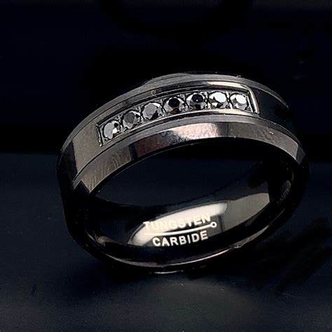 Black Tungsten Cz Ring 8mm Brushed Wedding Band Custom Engraving Etsy