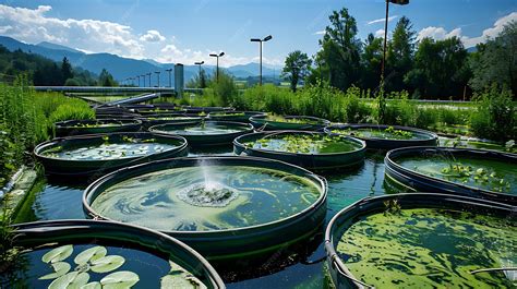 Sustainable Biofuel Production From Algae Illustrating Algae Cultivation In Large Open Ponds
