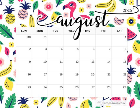 Free Printable August 2026 Calendars Entheosweb