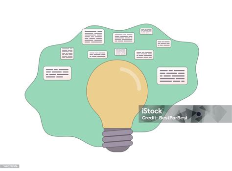 획기적인 순간을 상징하는 불이 켜진 전구는 아이디어와 결정을 나타내는 텍스트 메모로 둘러싸여 있습니다 브레인스토밍 및 문제 해결 기사를 홍보하기 위한 벡터 그림