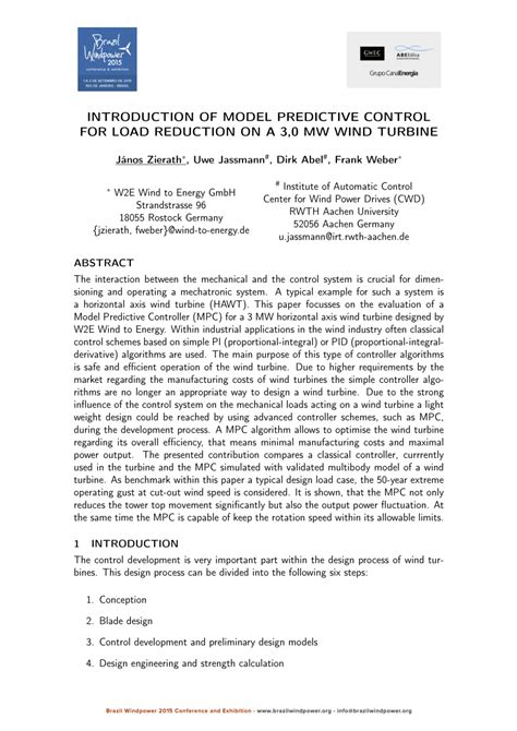 Pdf Introduction Of Model Predictive Control For Load Reduction On A 30 Mw Wind Turbine