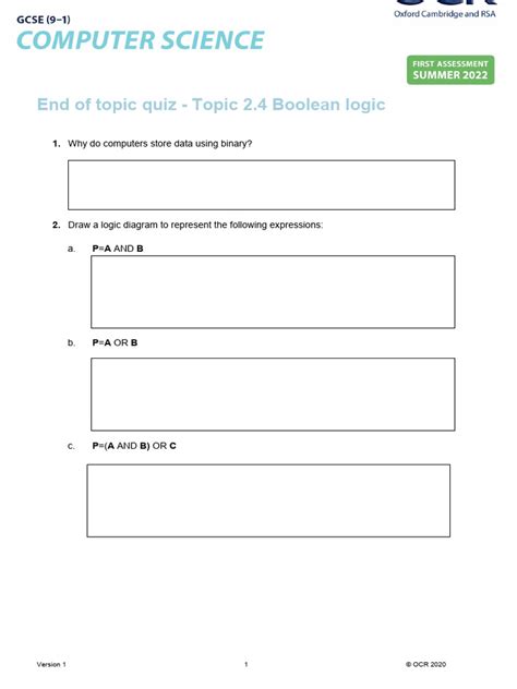 24 Boolean Logic End Of Topic Quiz Pdf Logic Gate Optical