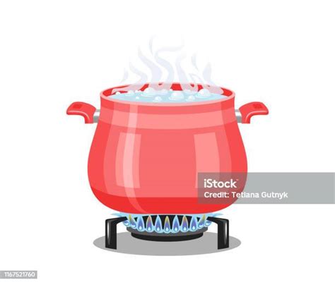 흰색 배경에 고립 된 가스 난로에 끓는 물이있는 빨간 팬 만화 간단한 평면 스타일의 밥솥에 냄비의 벡터 그림입니다 가정 생활에 대한 스톡 벡터 아트 및 기타 이미지 Istock