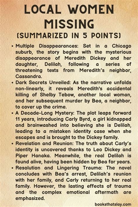 local woman missing summary characters and themes
