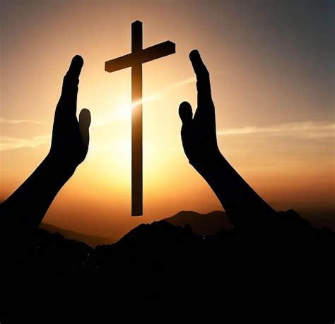 Premium Ai Image Hands Reaching Up To The Cross With The Sun Setting