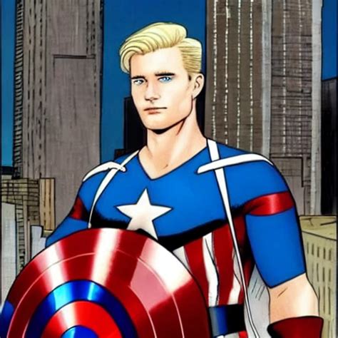 Handsome Man Blonde Blue Eyes Strong Superhero Futuristic City