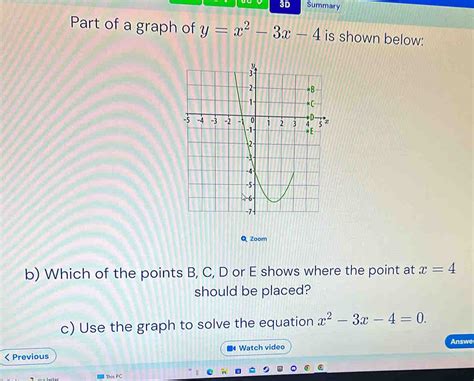 Solved: 3D Summary Part of a graph of y=x^2-3x-4 is shown below: Zoom b) Which of the points B ...